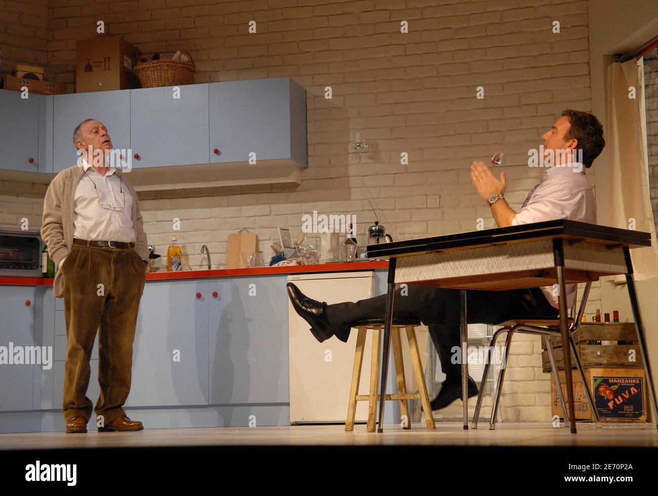 French actors Jacques Marchand (L) and Eric Savin perform in Christine ...