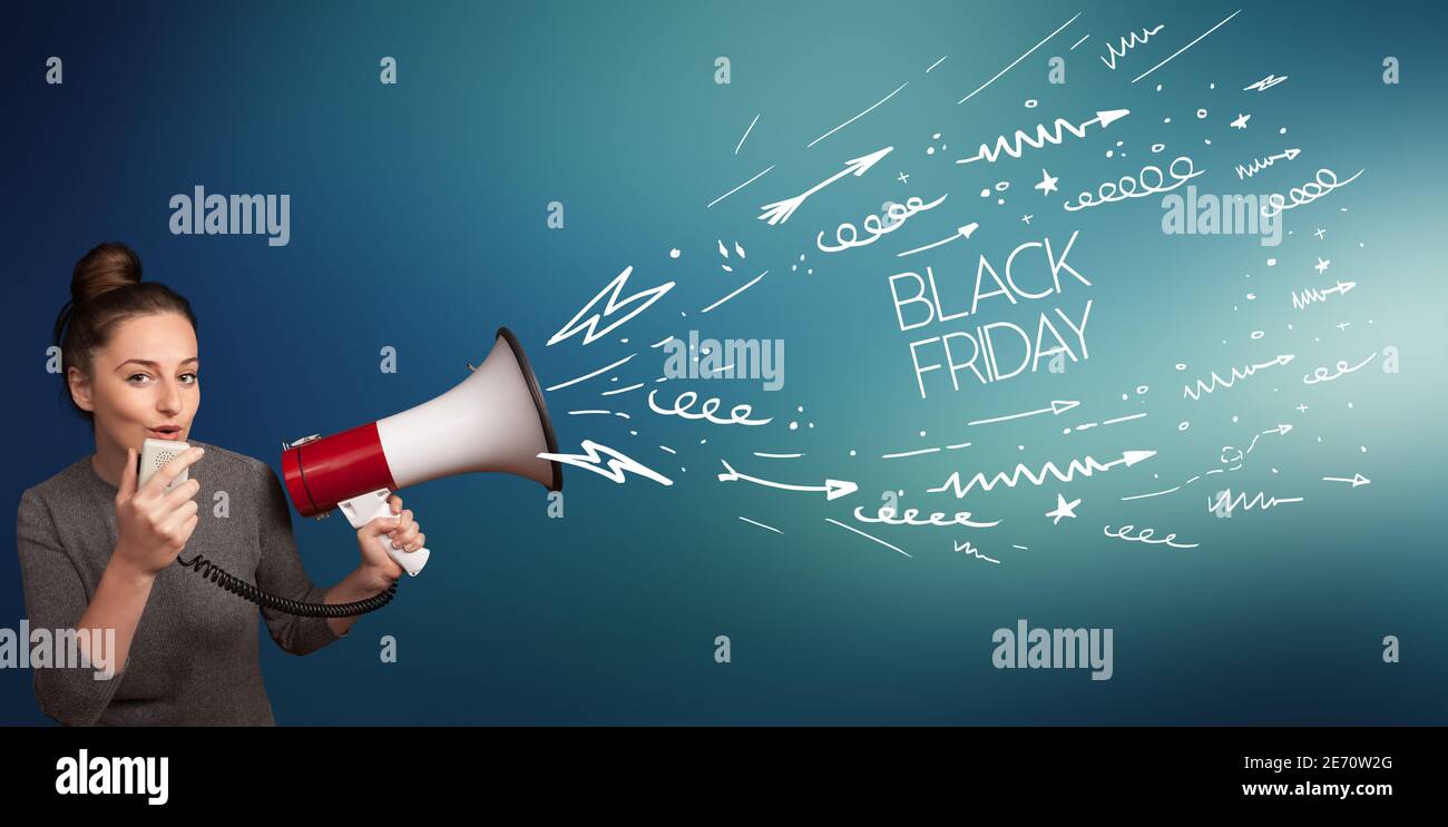 Young girl screaming to megaphone with BLACK FRIDAY inscription ...