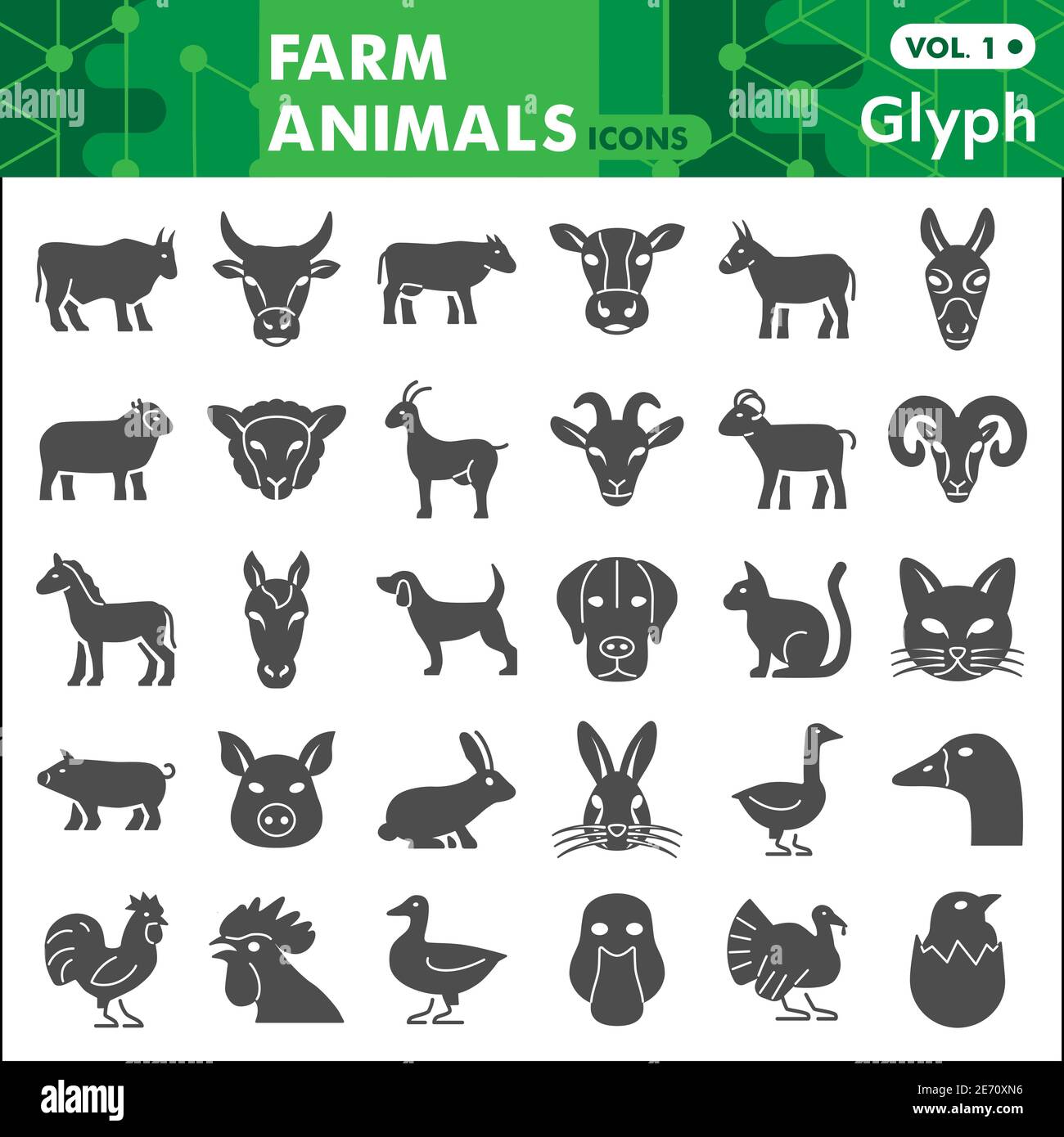 Farm animals glyph icon set, home animal symbols collection or sketches ...