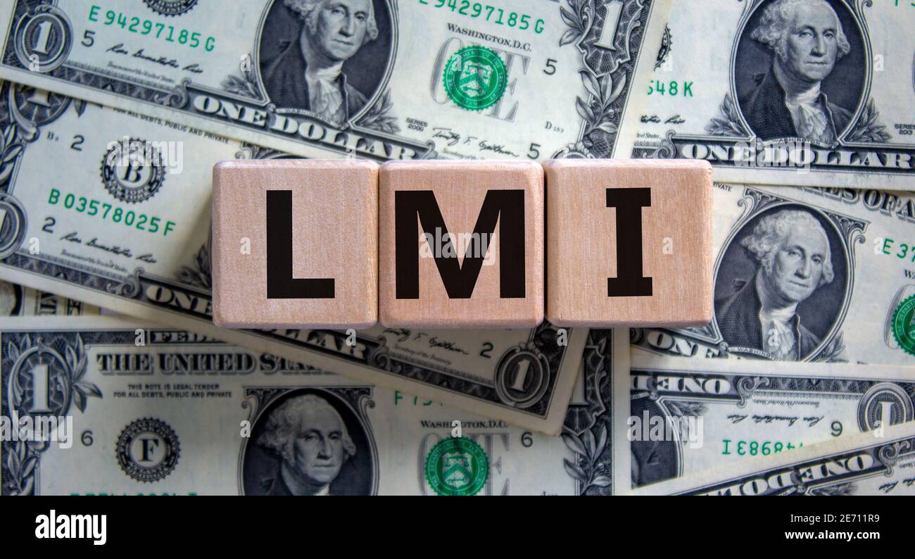 LMI, lenders mortgage insurance symbol. Wooden cubes form the word 'LMI ...
