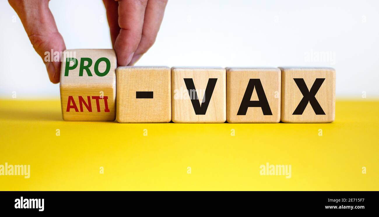 Pro-vax or anti-vax symbol. Doctor turns a cube, changes words 'anti ...