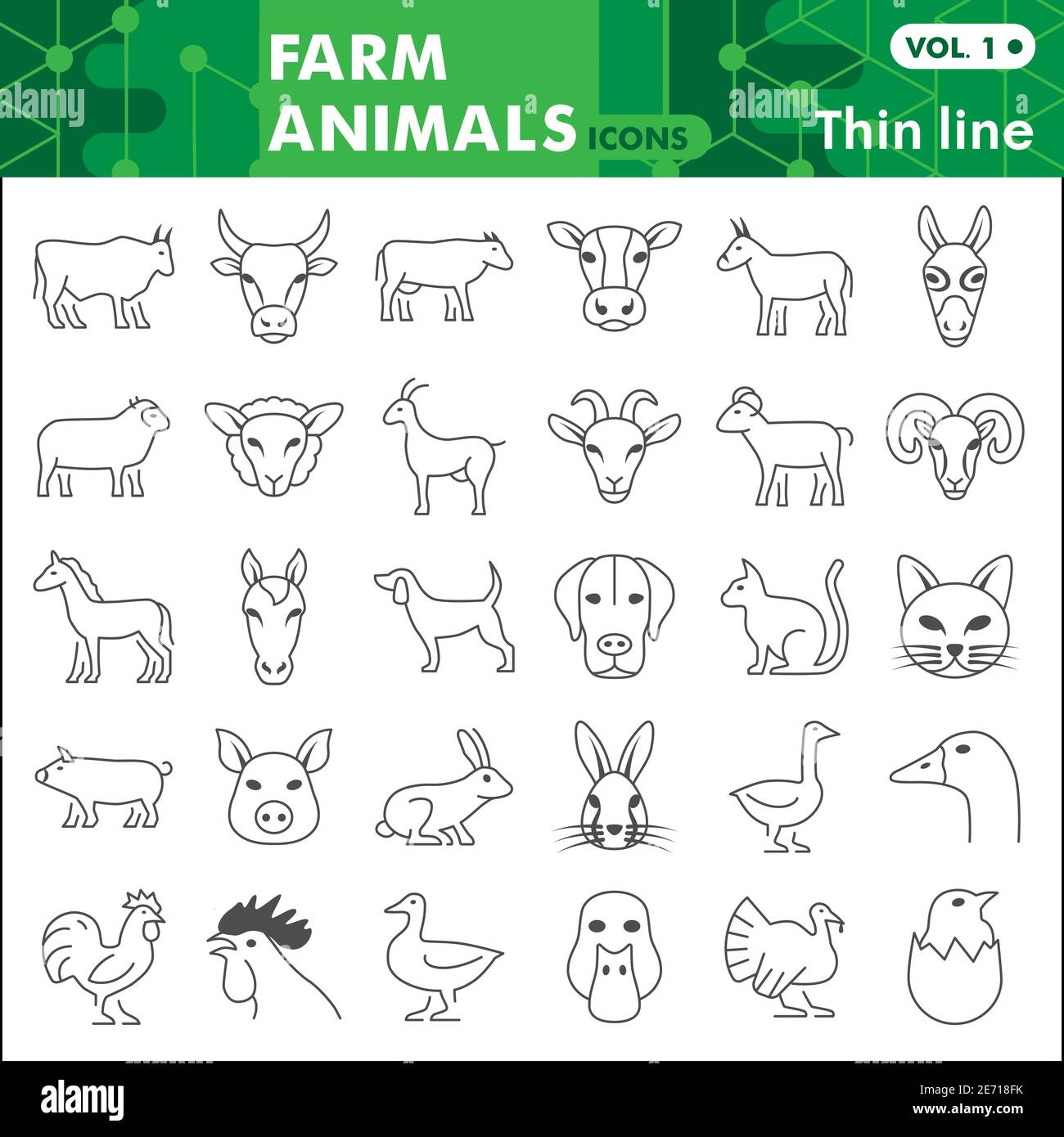 Farm animals thin line icon set, home animal symbols collection or ...