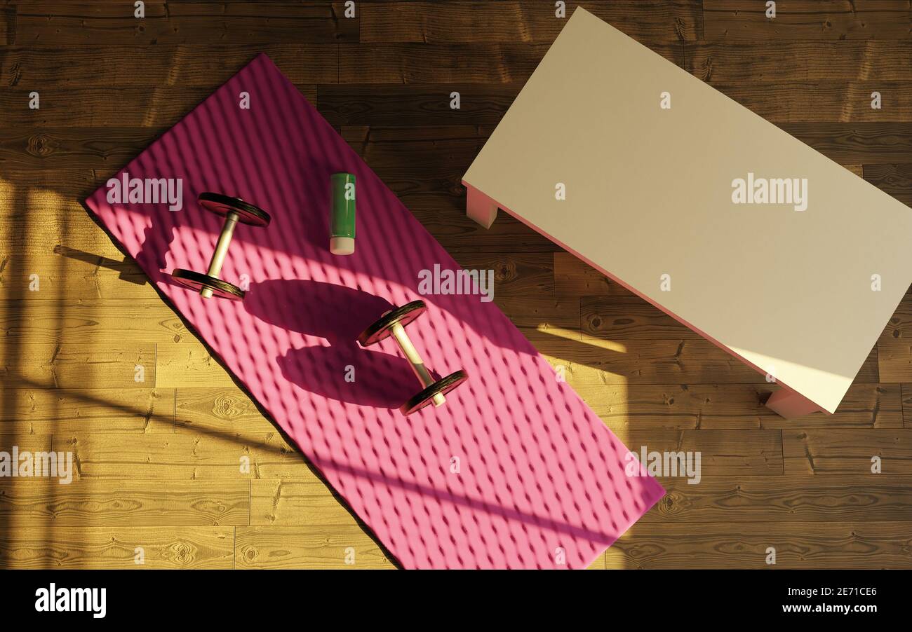 dumbbells and exercise mat in the living room of a house with a parquet ...