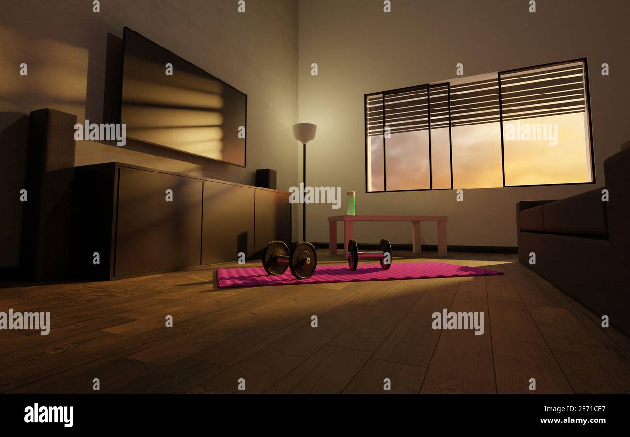 small improvised gym in the living room of a house with pink mat ...