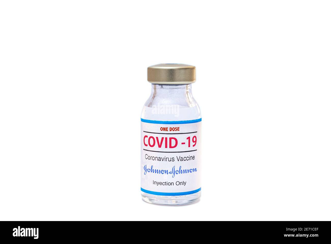 Bottle of a one dose coronavirus vaccine with the Johnson and Johnson ...