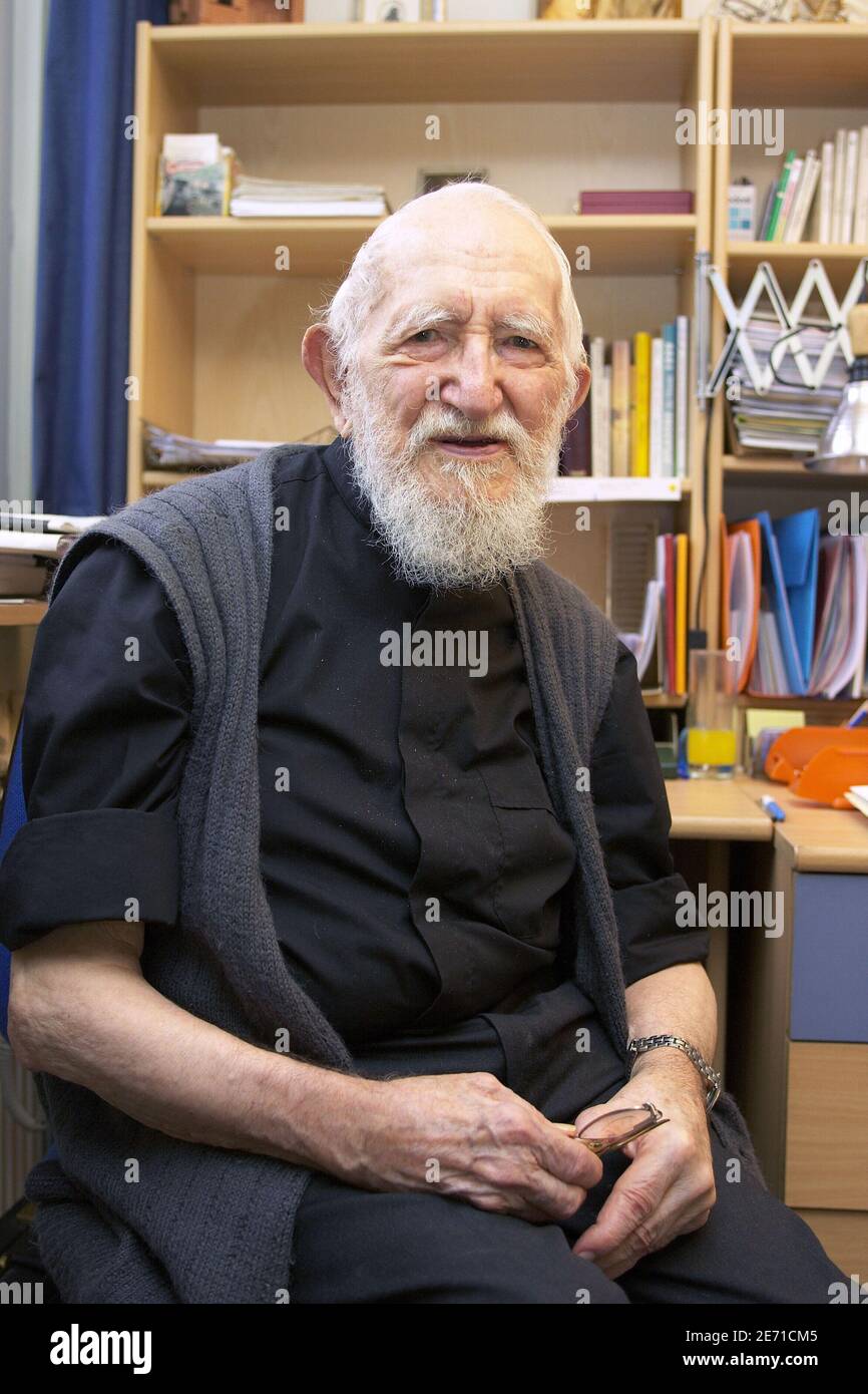 French catholic priest Abbe Pierre poses at home in Alfortville, near ...