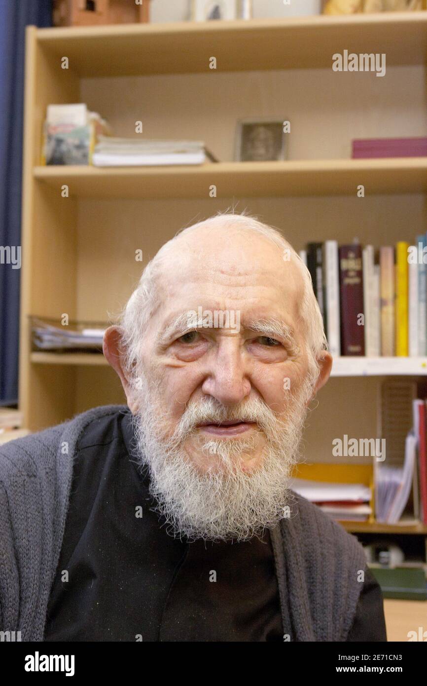 French catholic priest Abbe Pierre poses at home in Alfortville, near ...