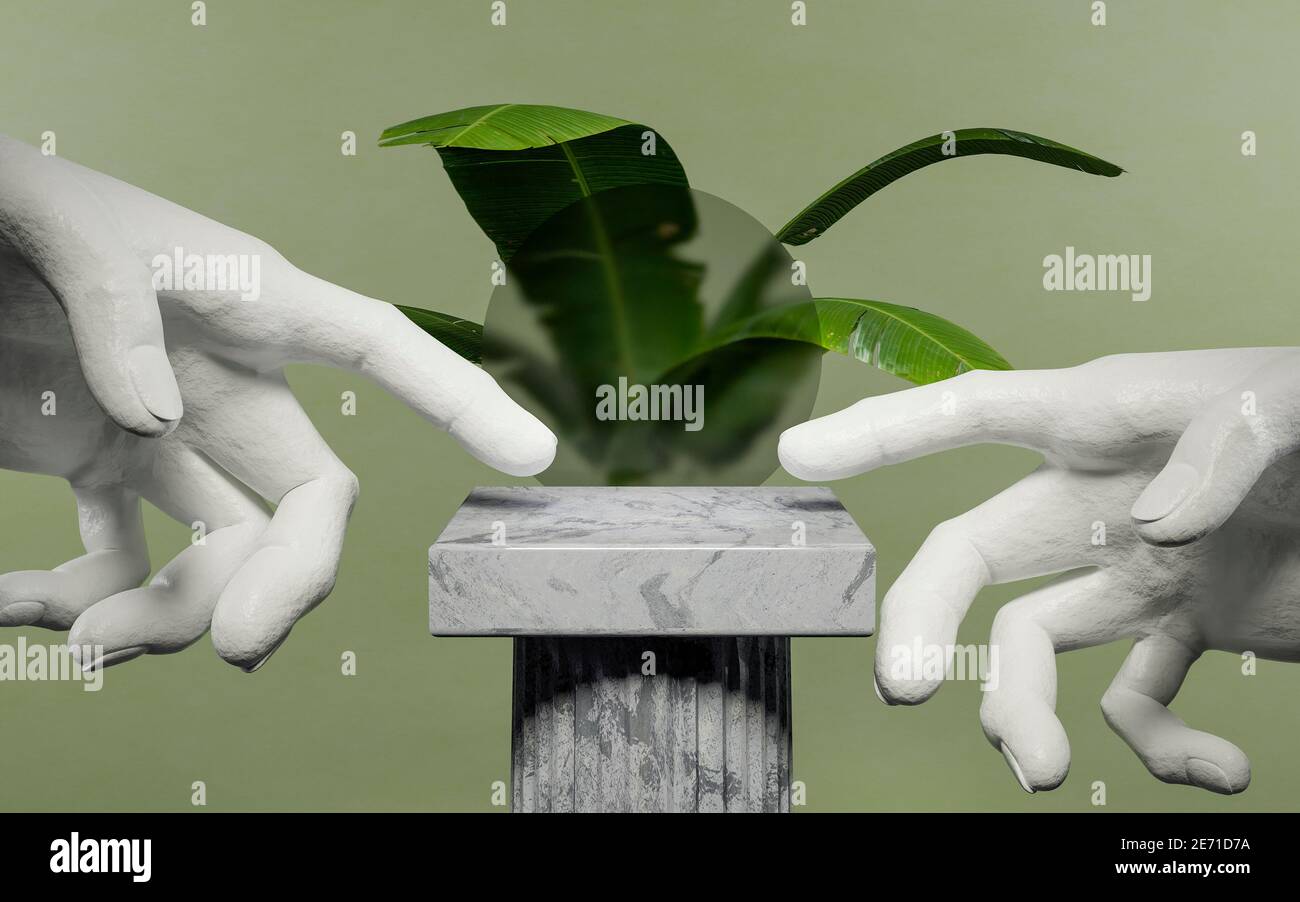 Greek style stand with cement hands pointing to the center with a fuzzy ...