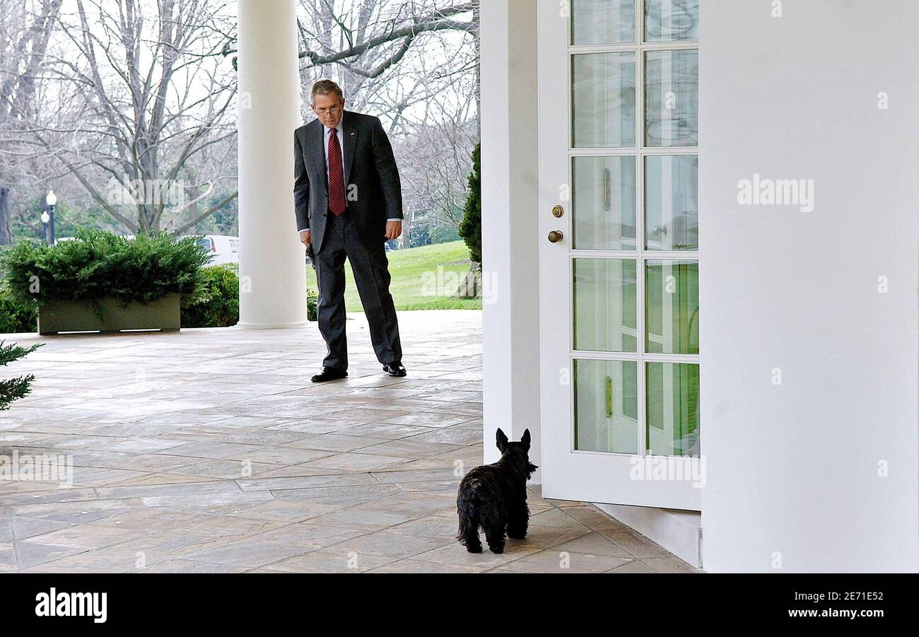 U.S. President George W. Bush calls his dog Barney during a rare ...