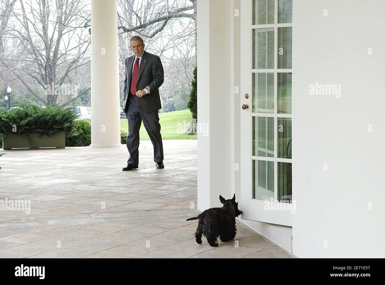 U.S. President George W. Bush calls his dog Barney during a rare ...