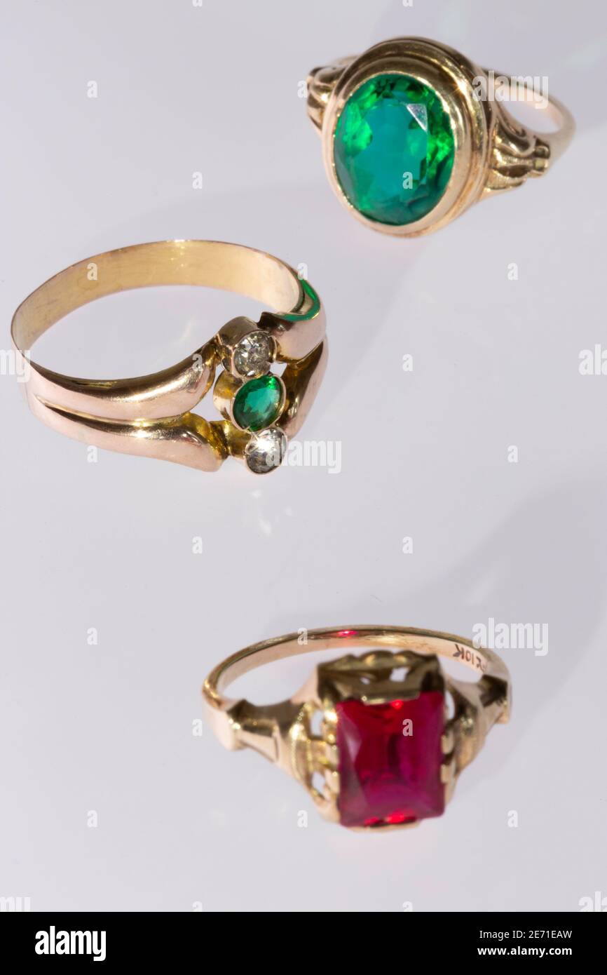 Antique rings on a white background, Still Life, USA Stock Photo - Alamy