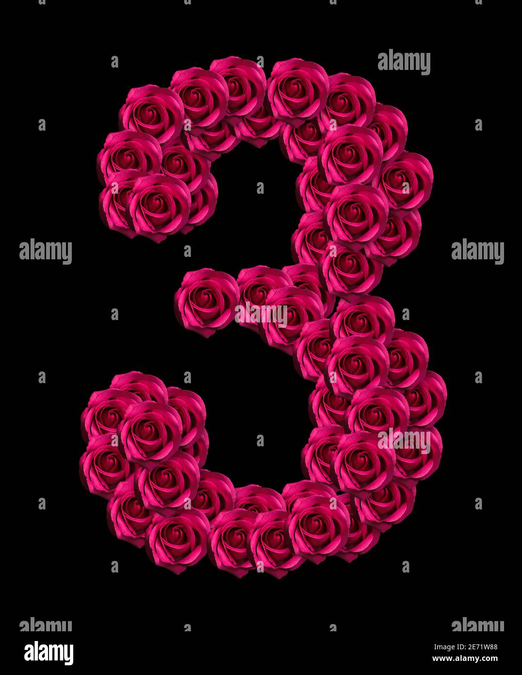 love concept image of number 3 made of pink roses isolated on black ...