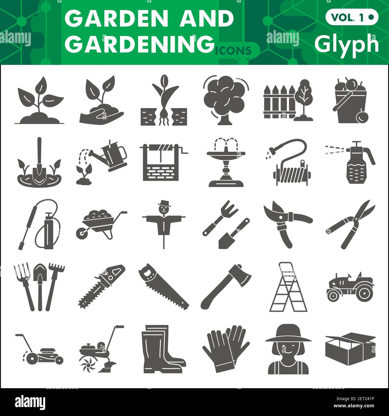 Garden and gardening solid icon set, farming symbols collection or ...
