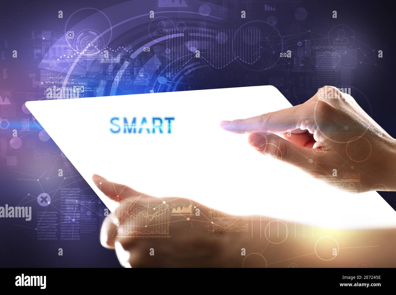 Hand holdig futuristic tablet with SMART inscription, new technology ...