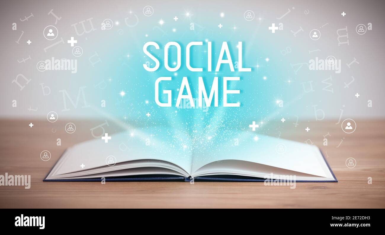 Open book with SOCIAL GAME inscription, social media concept Stock ...
