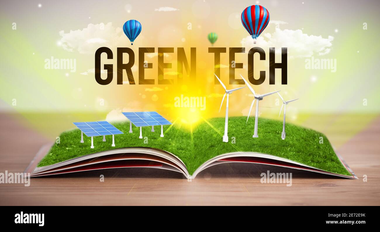 Open book with GREEN TECH inscription, renewable energy concept Stock ...