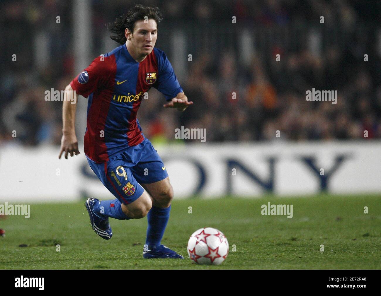 Barcelona's Lionel Messi in action during the UEFA Champions League ...
