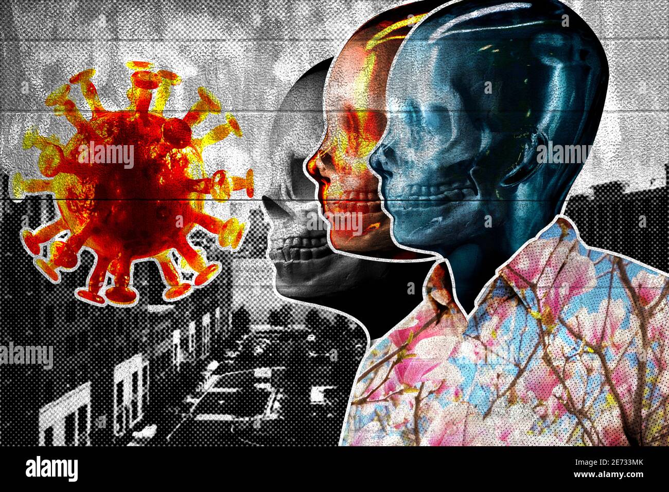 Abstract digital photo graphic collage of skulls and humanoid cyborg ...