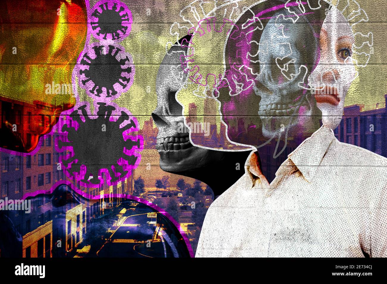 Abstract digital photo graphic collage of skulls and humanoid cyborg ...