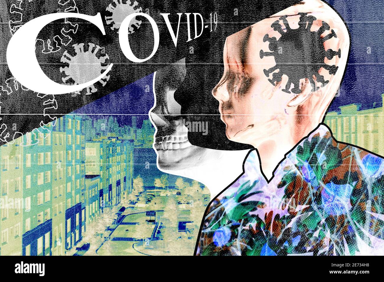 Abstract digital photo graphic collage of skulls and humanoid cyborg ...