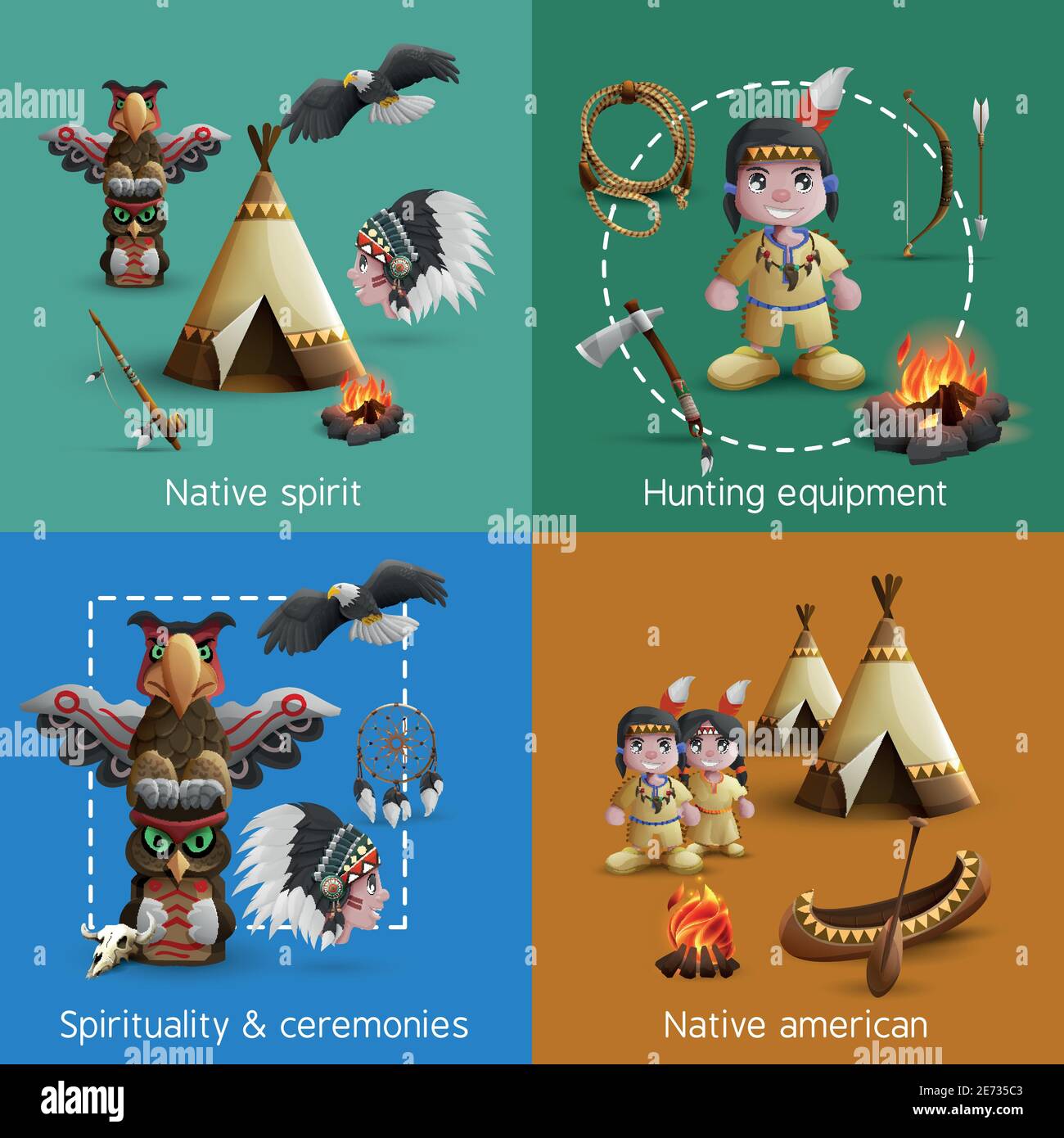 Native american design icons set with persons in national dress and ...