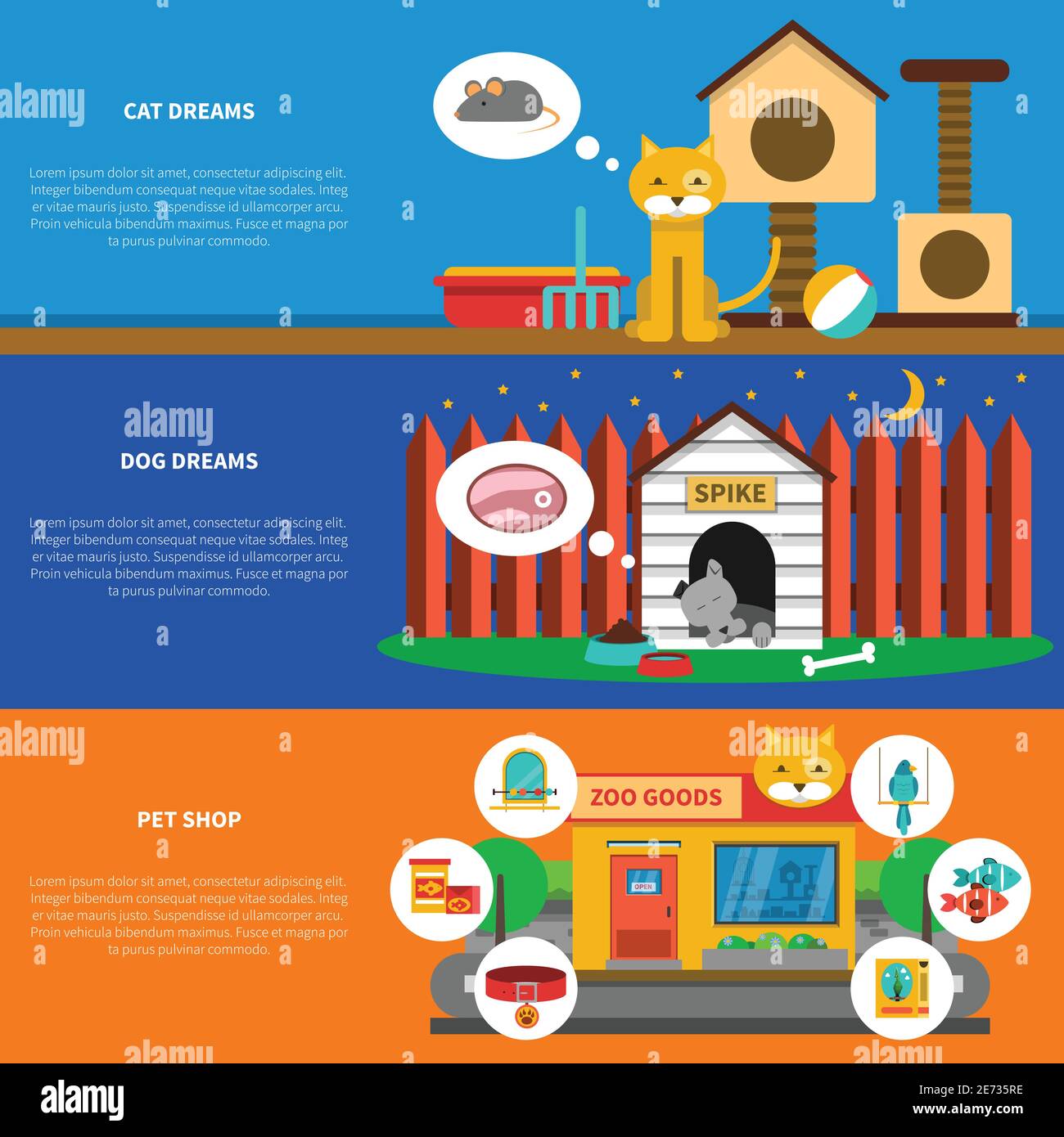 Pets horizontal banner set with domestic cat and dog elements isolated ...