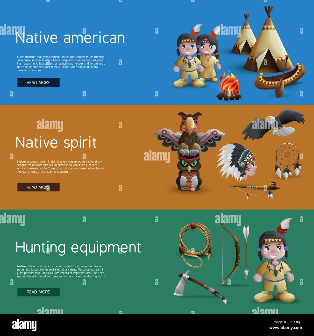 Native American banners with national attributes hunting and ...