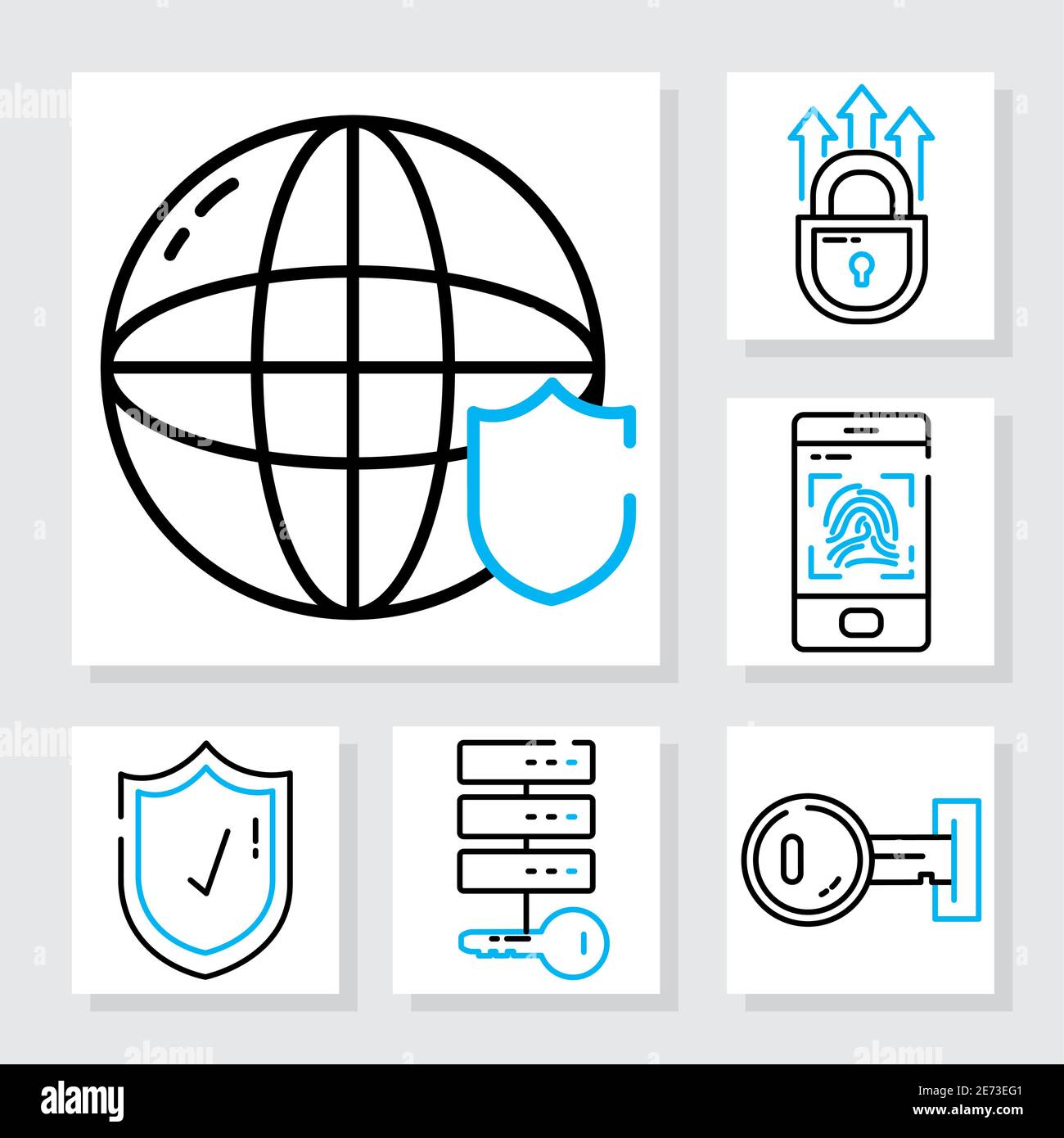 global sphere and cyber security icon set over white background, half ...