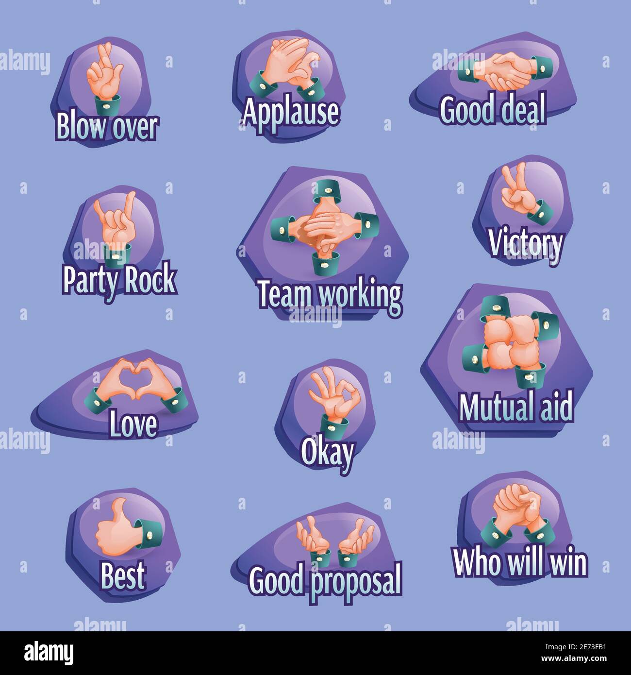 Different friendly and neutral social gestures maked by hands and ...