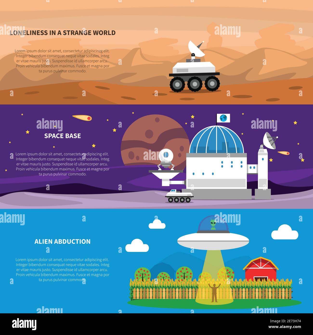 Cosmos horizontal banner set with alien abduction elements isolated ...