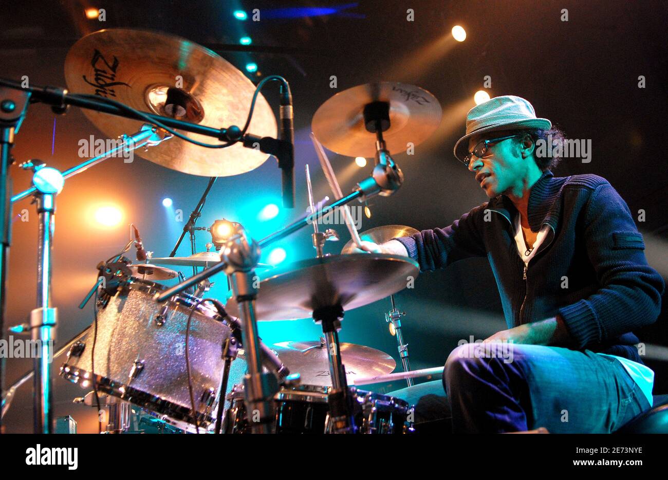 French drummer Manu Katche performs live on stage with his band during ...
