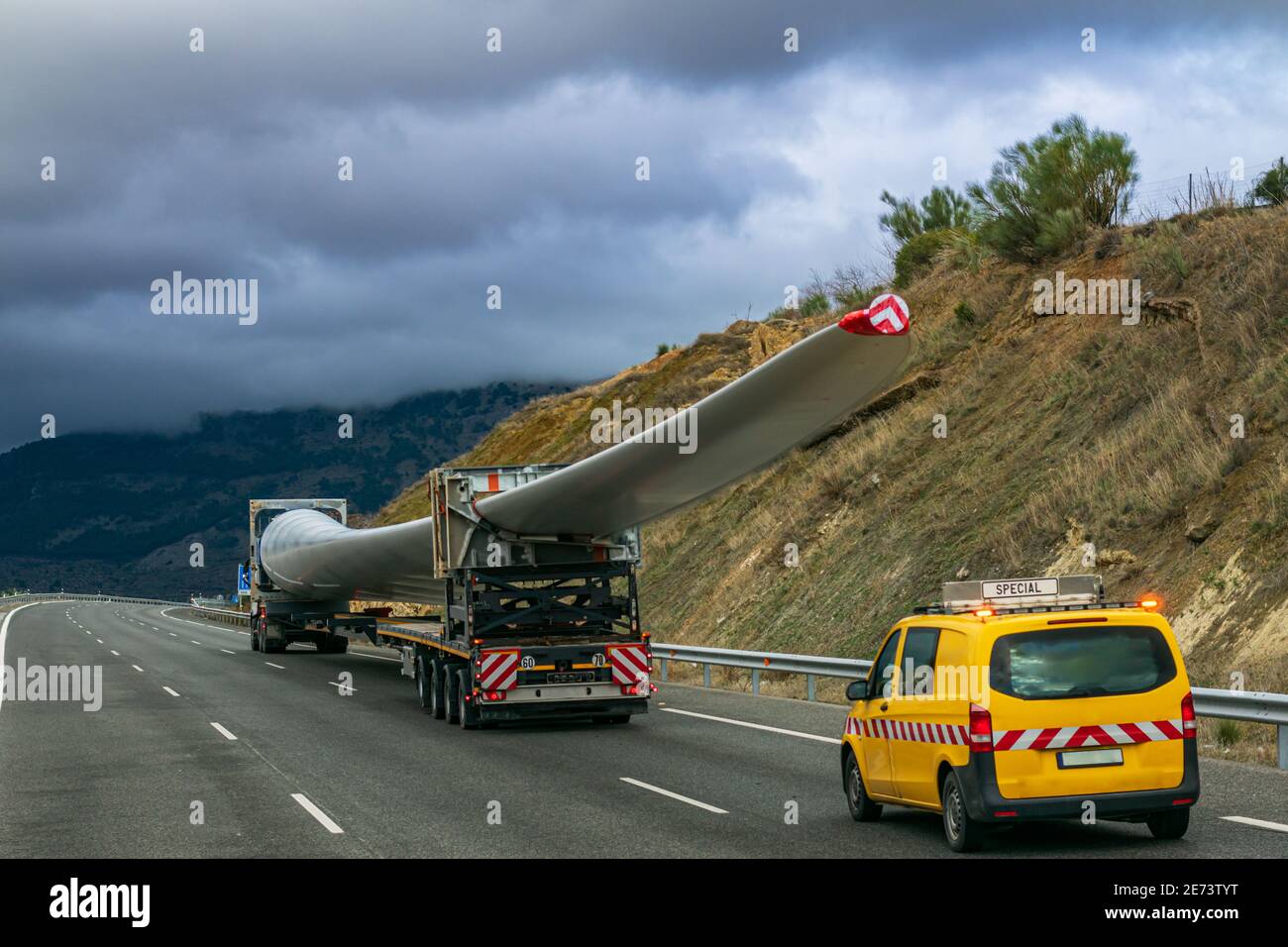 Special transport truck transporting a wind turbine blade Stock Photo ...