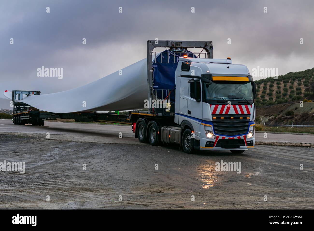 Special transport truck transporting a wind turbine blade Stock Photo ...