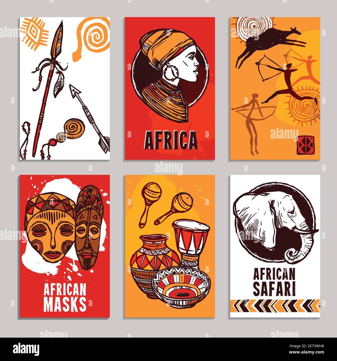 Africa poster set with safari and masks sketch elements isolated vector ...