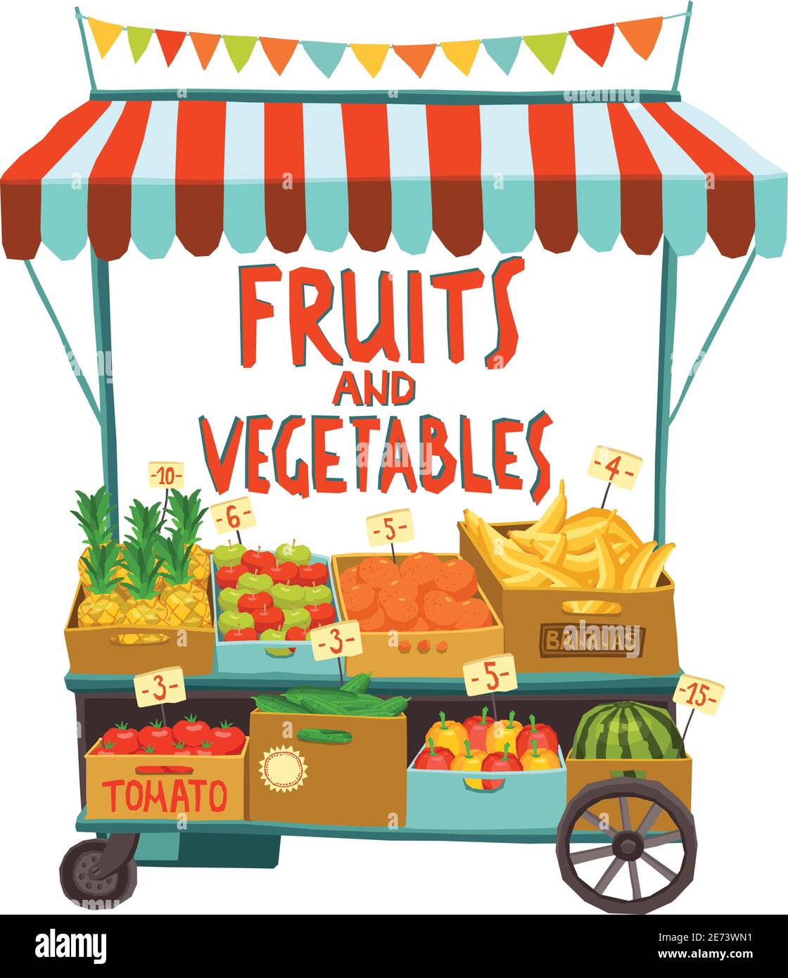 Street sale cart with fruits and vegetables cartoon vector illustration ...