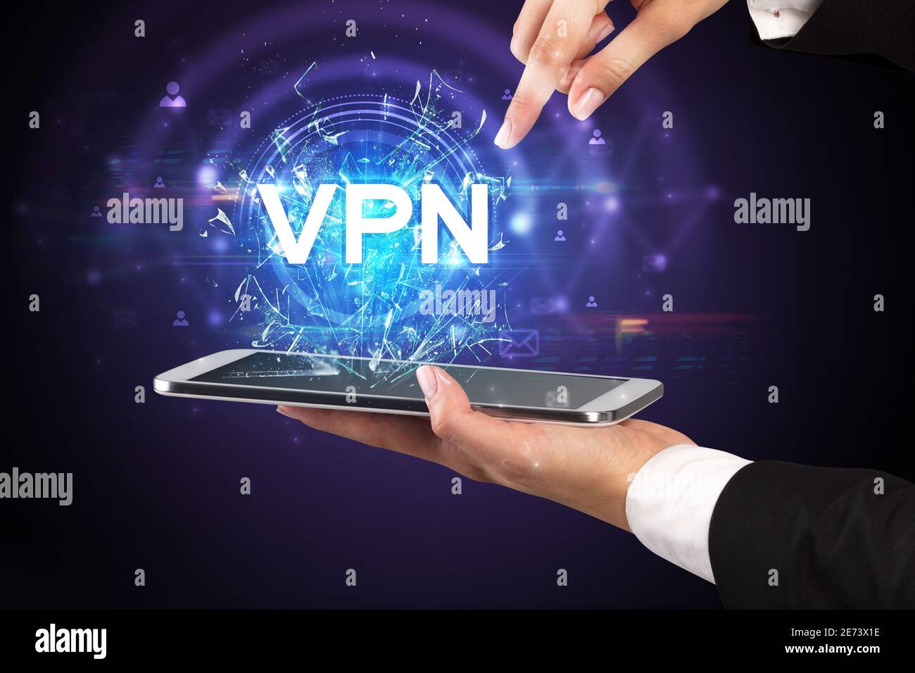 Close-up of a touchscreen with VPN abbreviation, modern technology ...
