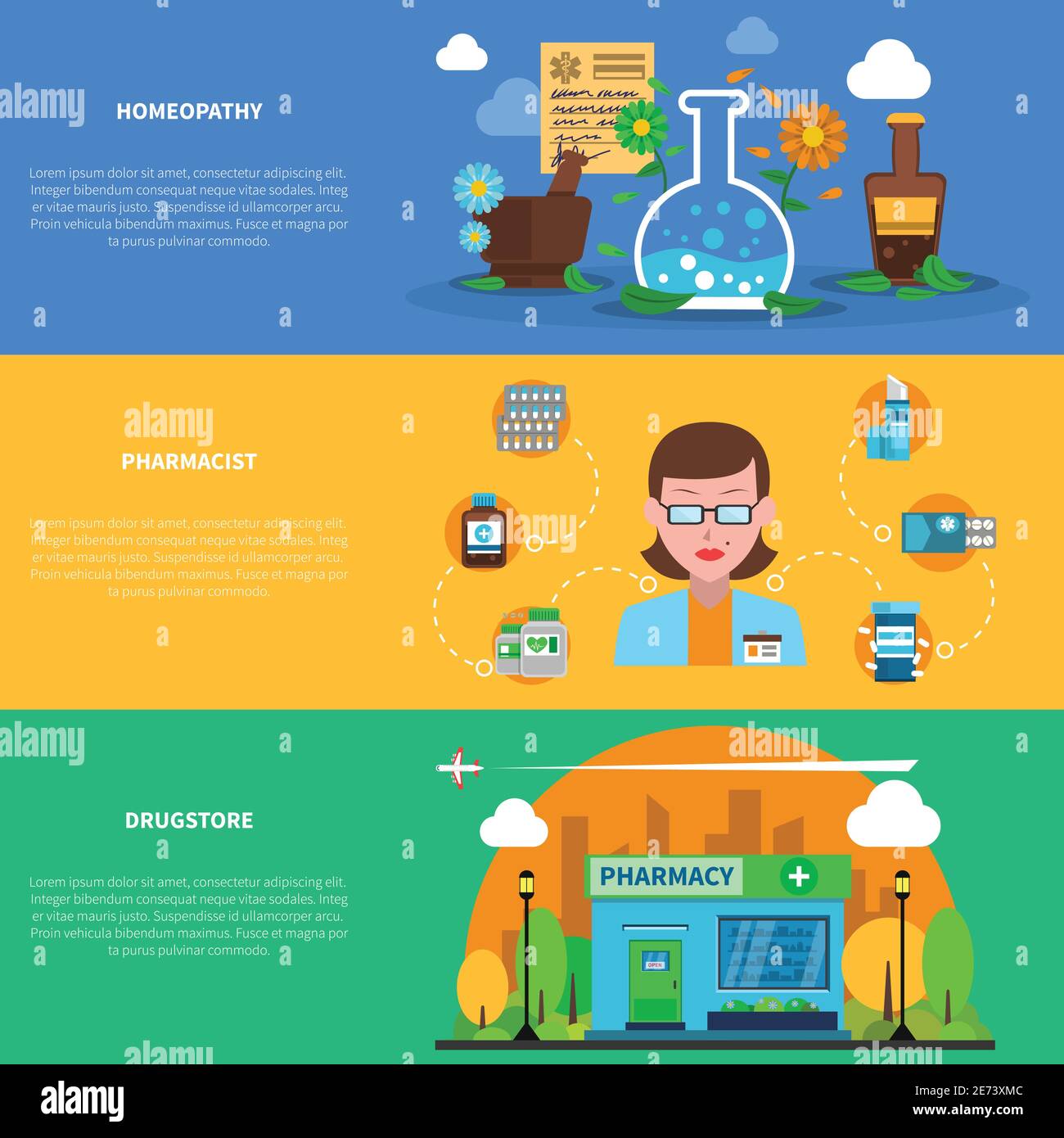 Pharmacy horizontal banner set with homeopathy flat elements isolated ...