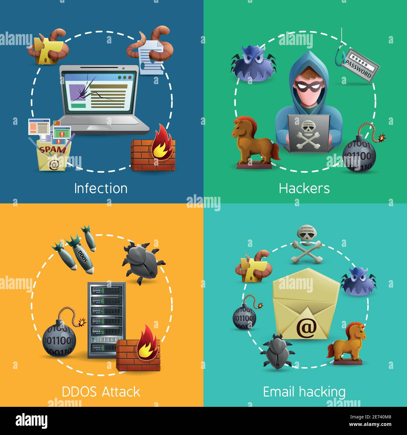 Hacker cyber attack and e-mail spam viruses icons concept vector illustration Stock Vector Image ...