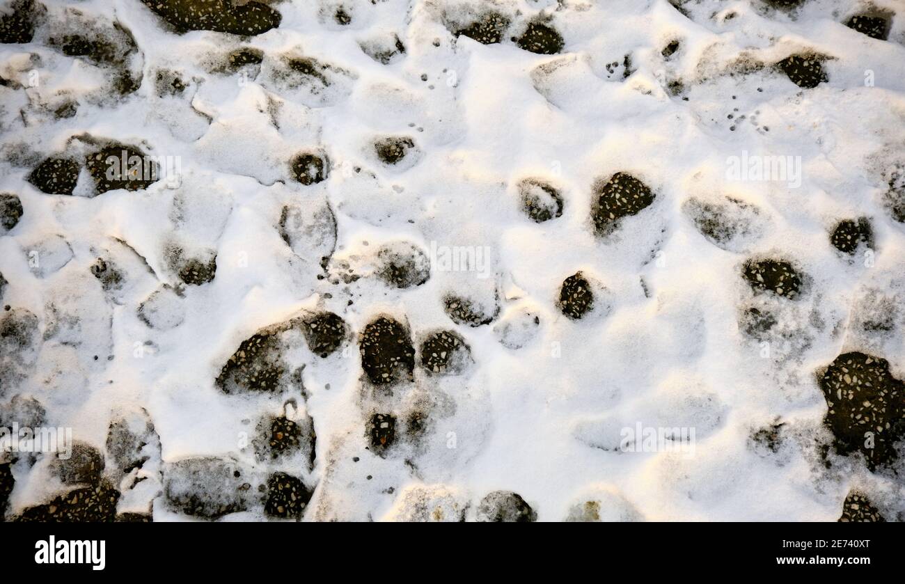 Rush and many footprints on mosaics and snow made by children and ...