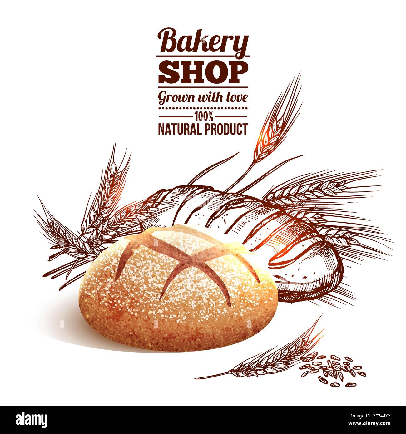 Bakery concept with sketch bread and hand drawn wheat on background ...