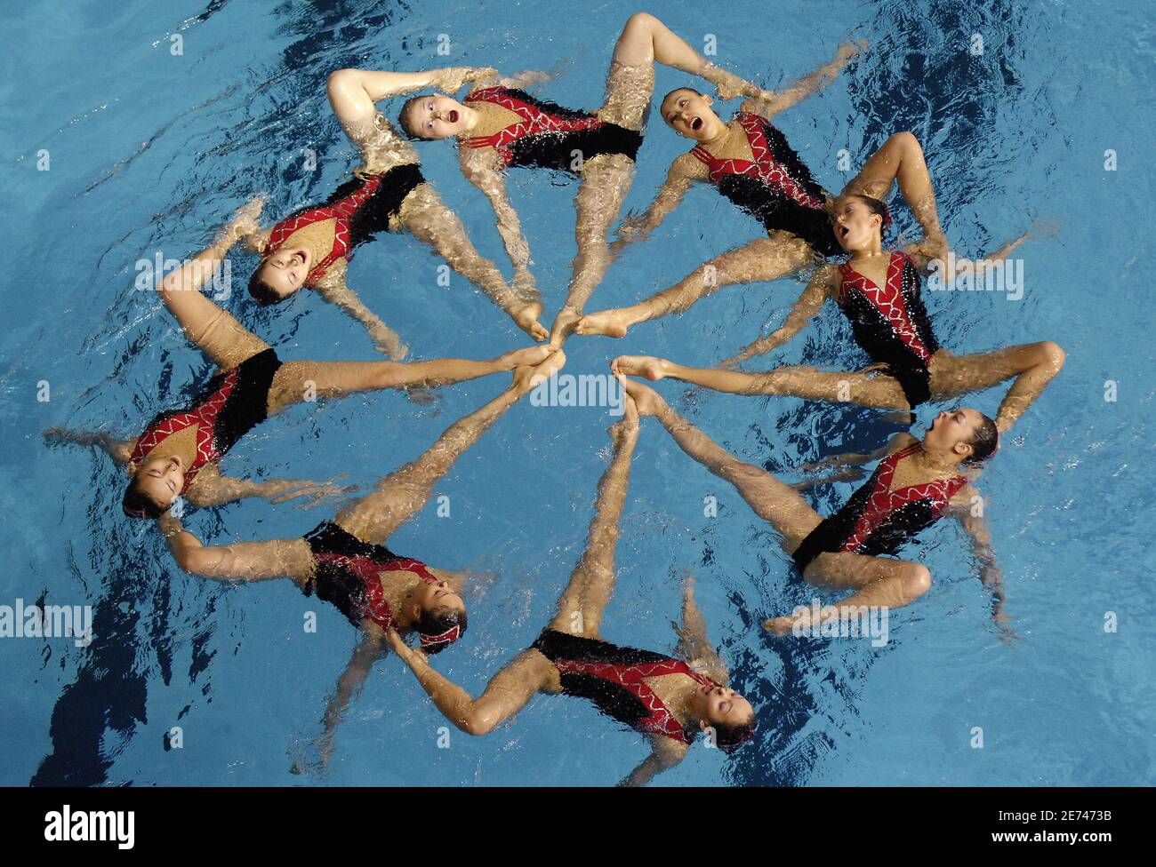 China's team competes during the synchronized swimming team technical ...
