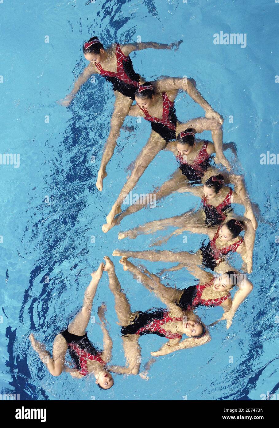 China's team competes during the synchronized swimming team technical ...