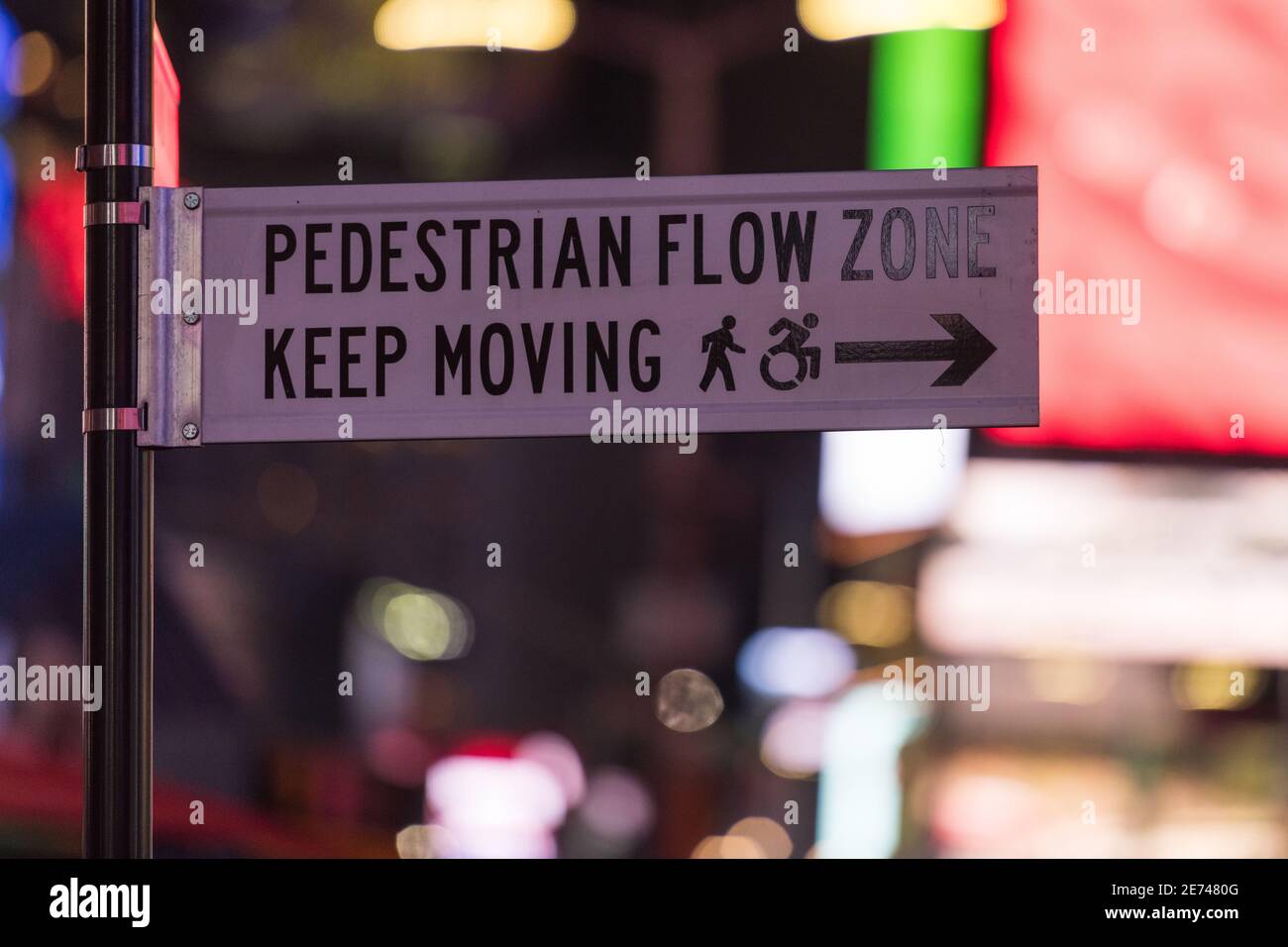 New York, USA. 23 Jun, 2019. A pedestrian flow zone sign late in the ...