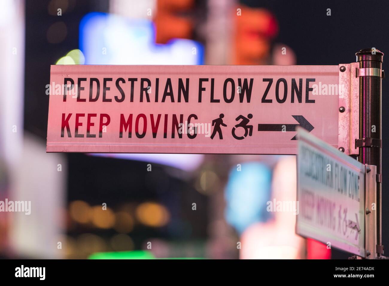 New York, USA. 24 Jun, 2019. A pedestrian flow zone sign late in the ...