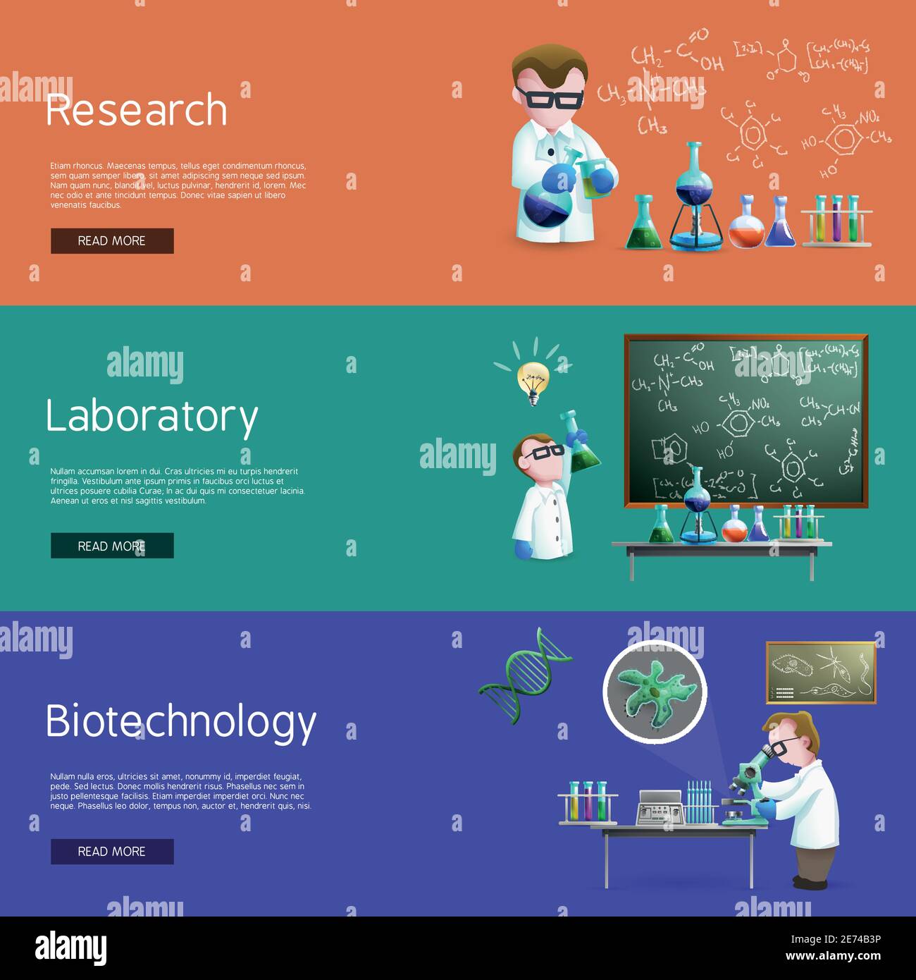 Science horizontal banners with assistants making biochemistry research ...