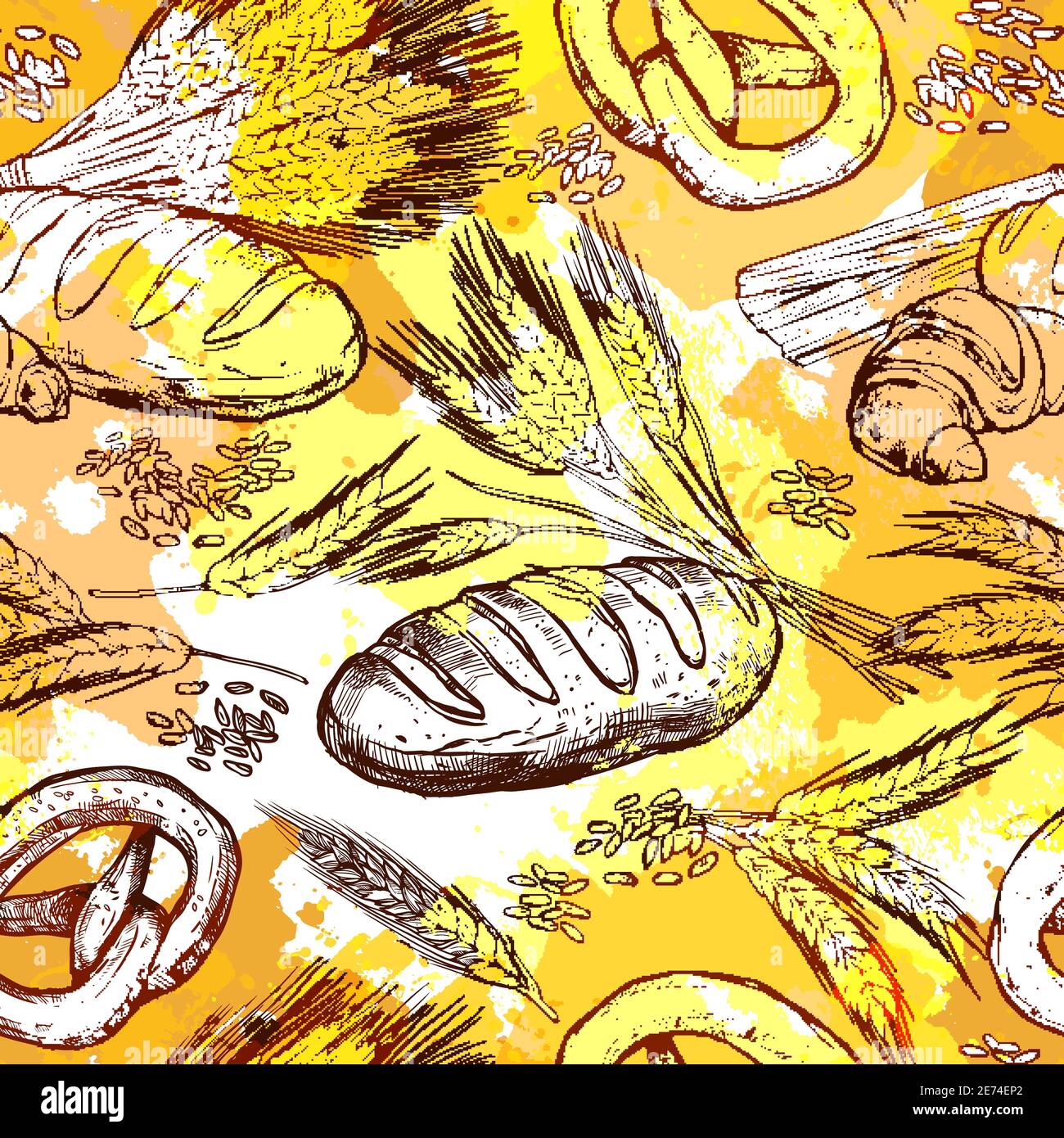 Wheat and bread products seamless pattern hand drawn vector ...
