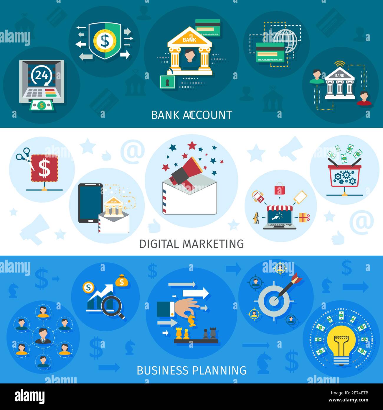 Banking marketing horizontal banners set with business planning and ...