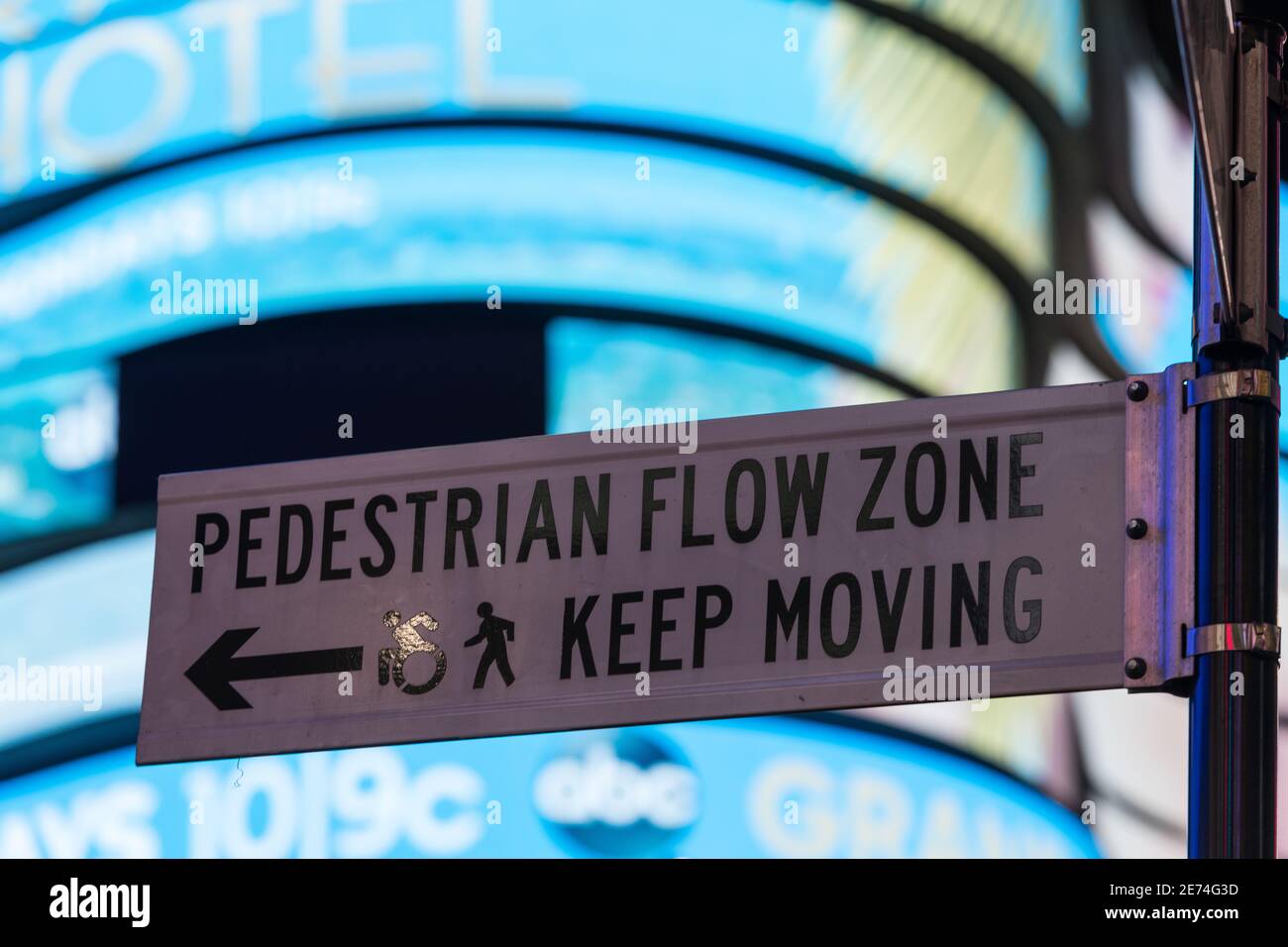 New York, USA. 25 Jun, 2019. A pedestrian flow zone sign late in the ...