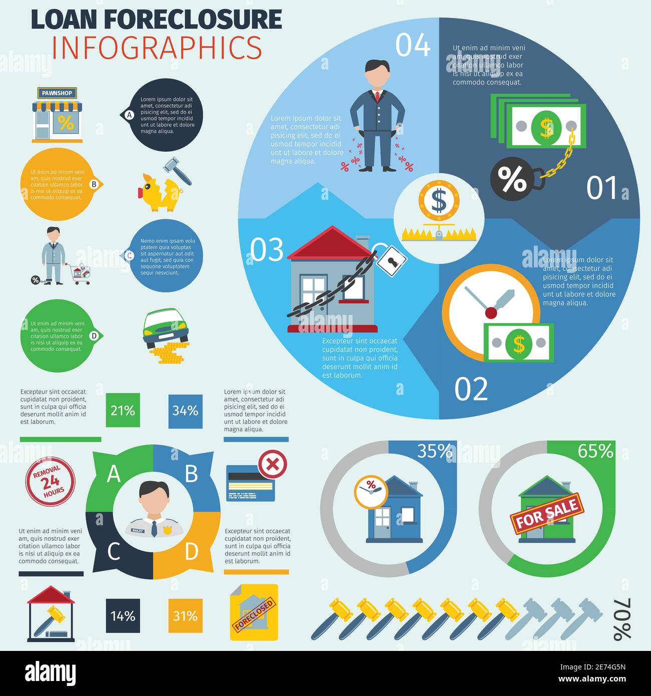 Loan foreclosure infographics with debt crisis symbols and charts ...
