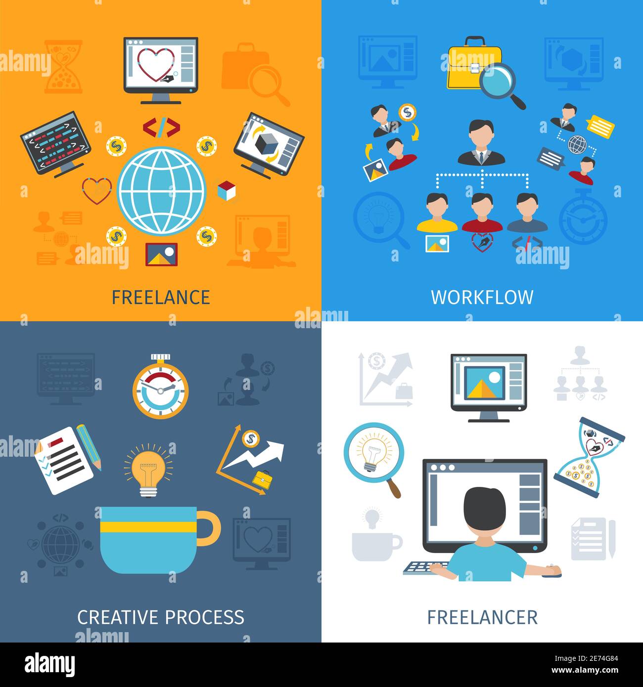 Freelancer design concept set with freelancer workflow and creative ...